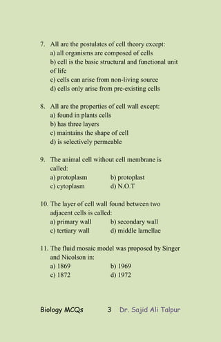 Ninth class biology mcqs (the cell) | DOCX