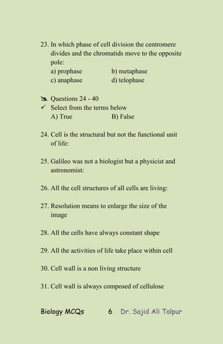 Ninth class biology mcqs (the cell) | DOCX