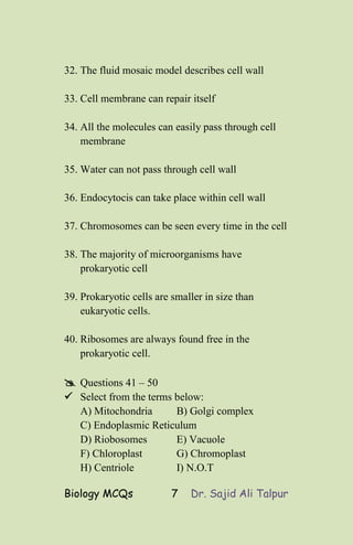 Ninth class biology mcqs (the cell) | DOCX