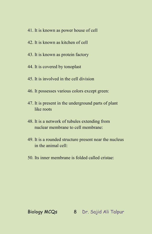 Ninth class biology mcqs (the cell) | PDF