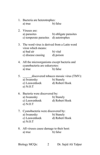 Ninth class biology mcqs (virus, bactera and cyanobacteria) | PDF