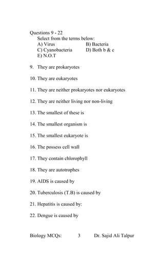 Ninth class biology mcqs (virus, bactera and cyanobacteria) | PDF