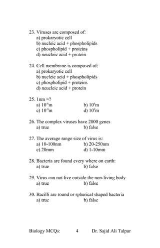 Ninth class biology mcqs (virus, bactera and cyanobacteria) | PDF