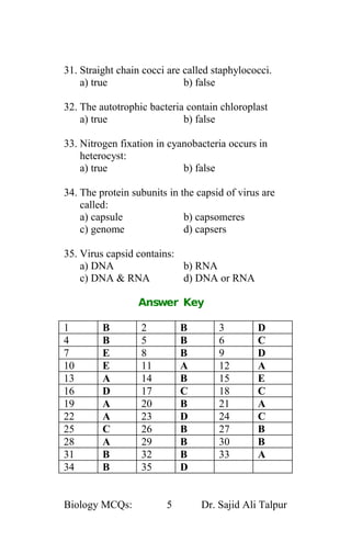 Ninth class biology mcqs (virus, bactera and cyanobacteria) | PDF