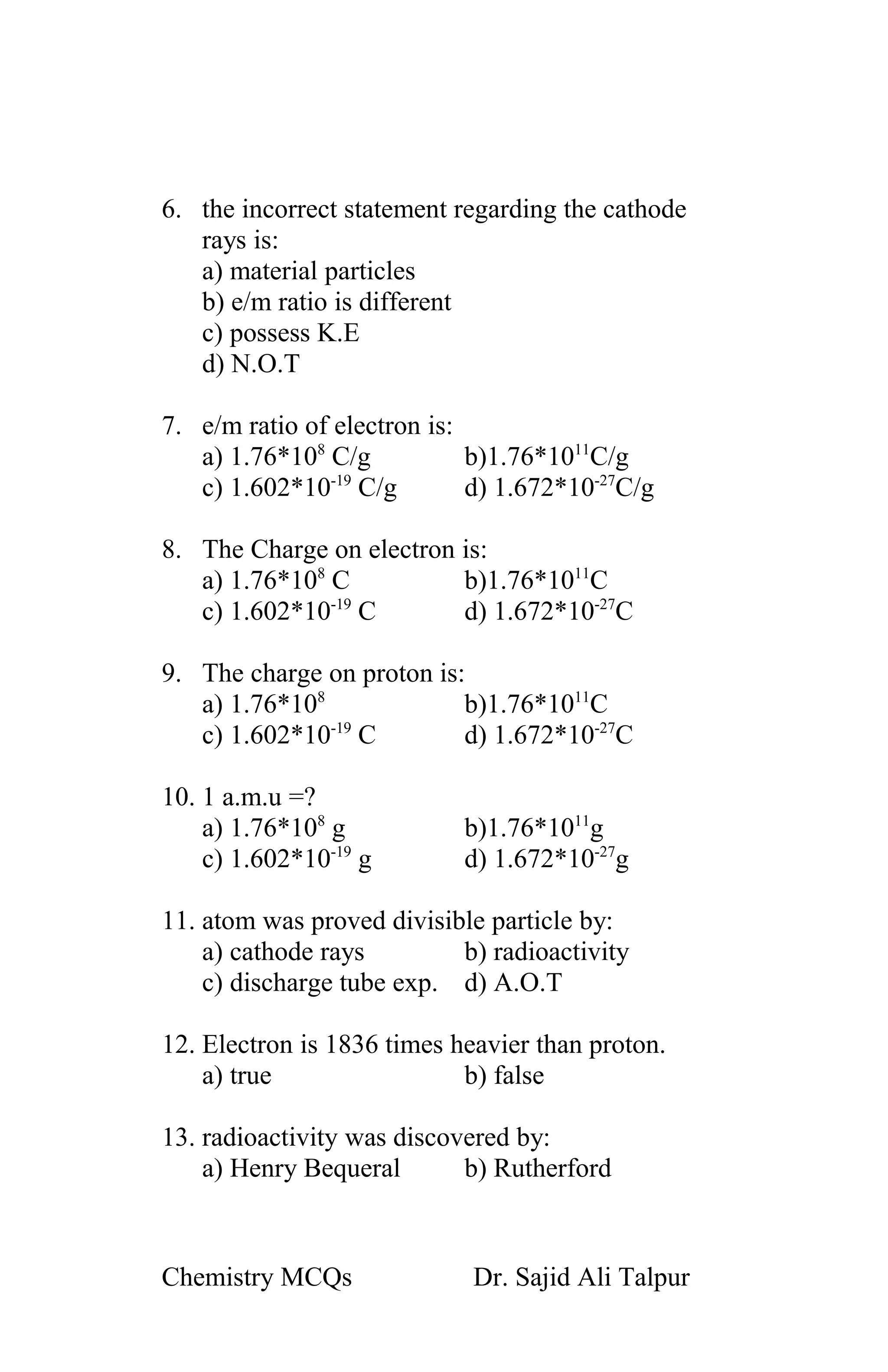 Definitions and MCQs of Ninth Class Chemistry (Atomic Structure) | DOC