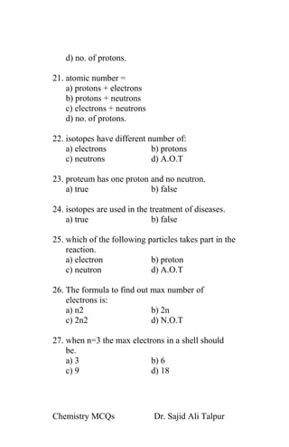 Definitions and MCQs of Ninth Class Chemistry (Atomic Structure) | DOC