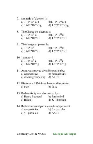 Definitions and MCQs of Ninth Class Chemistry (Atomic Structure) | DOC