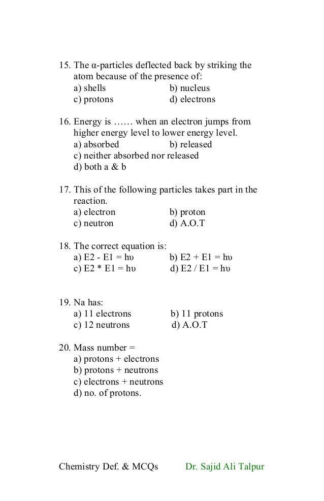 Definitions and MCQs of Ninth Class Chemistry (Atomic Structure) | DOC