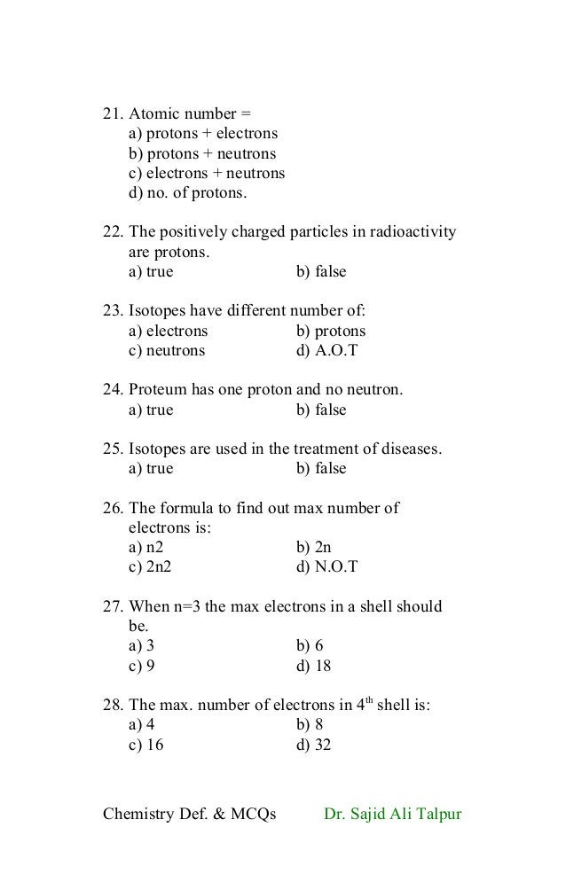 Definitions and MCQs of Ninth Class Chemistry (Atomic Structure) | DOC
