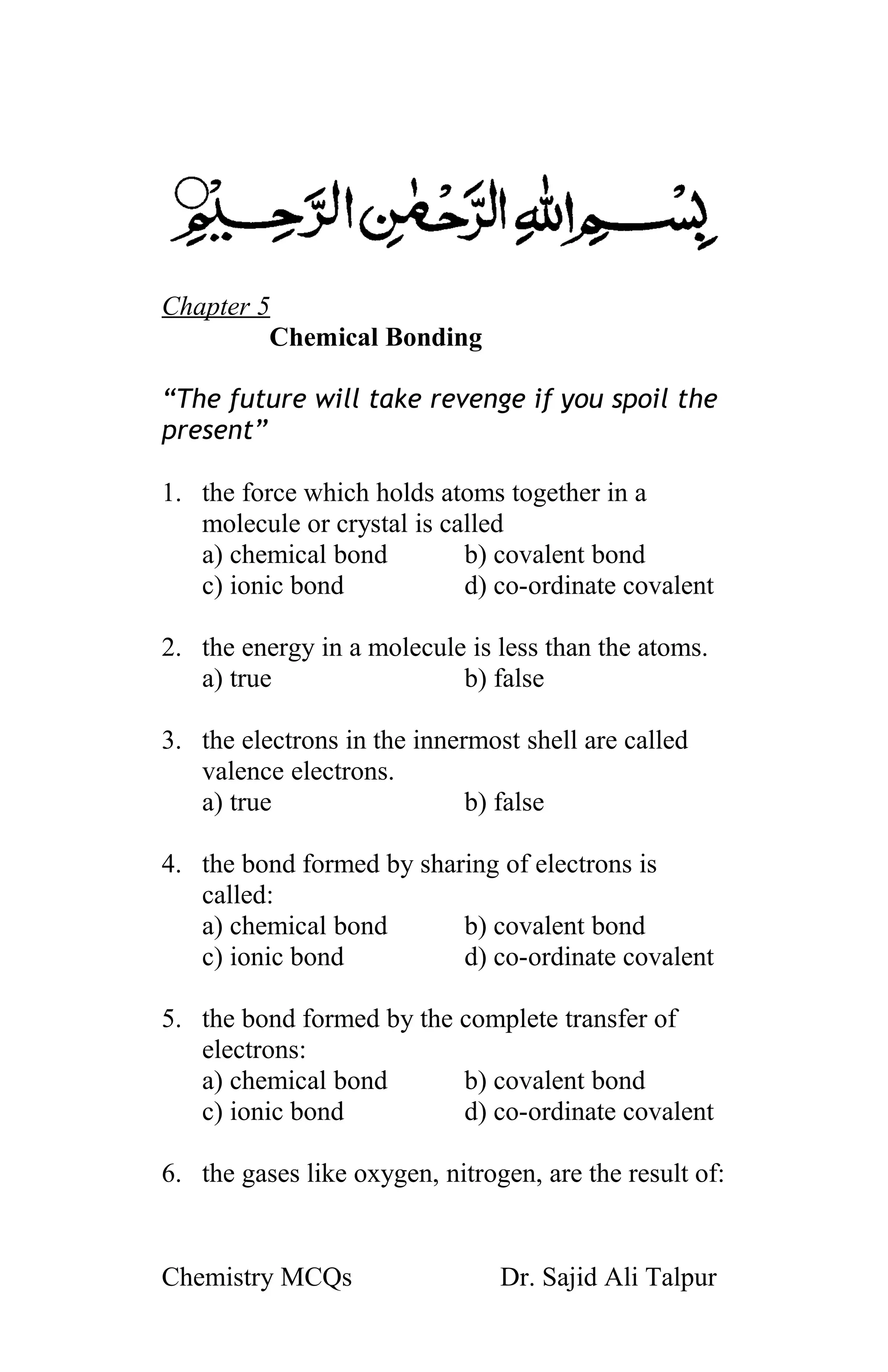 Definitions and MCQs of Ninth Class Chemistry (chemical bonding) | DOC