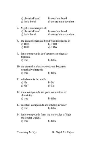 Definitions and MCQs of Ninth Class Chemistry (chemical bonding) | PDF