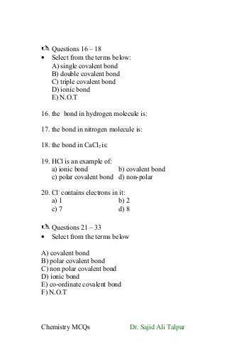 Definitions and MCQs of Ninth Class Chemistry (chemical bonding) | PDF