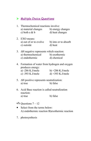 Definitions and MCQs of Ninth Class Chemistry (chemical energetics) | PDF