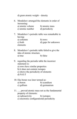 Ninth class chemistry mcqs (periodicity of elements) | DOC