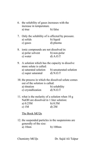 Definitions and MCQs of Ninth class chemistry (solution and suspension ...