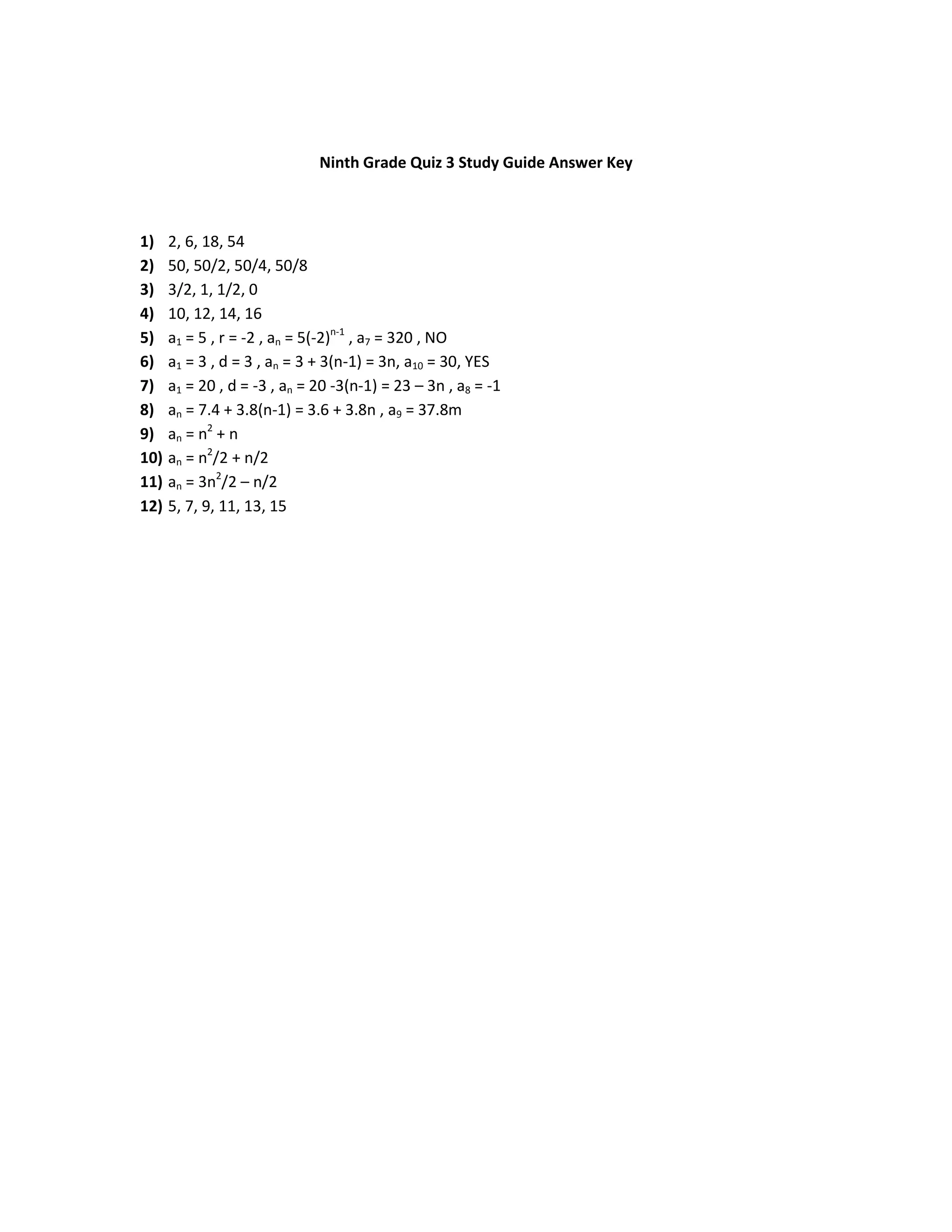Ninth grade quiz 3 study guide answer key | DOCX