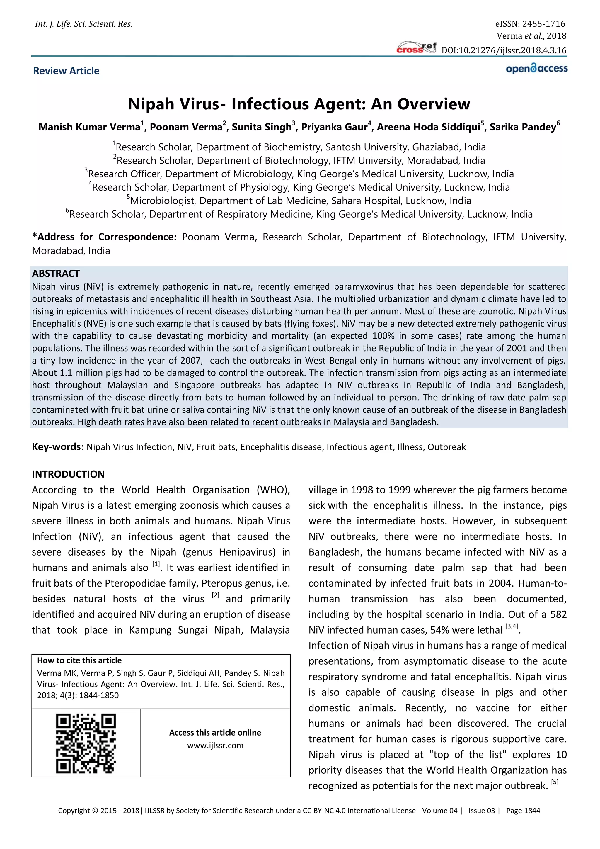 Nipah Virus Infectious Agent- An Overview | PDF