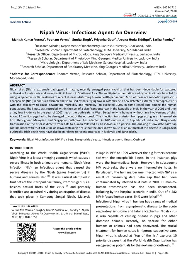 Nipah Virus Infectious Agent- An Overview | PDF
