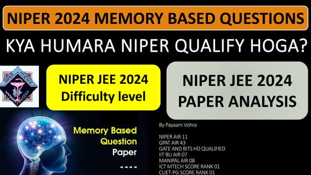 NIPER 2024 MEMORY BASED QUESTIONS.ANSWERS TO NIPER 2024 QUESTIONS.NIPER JEE 2024 MBQ.pptx ...