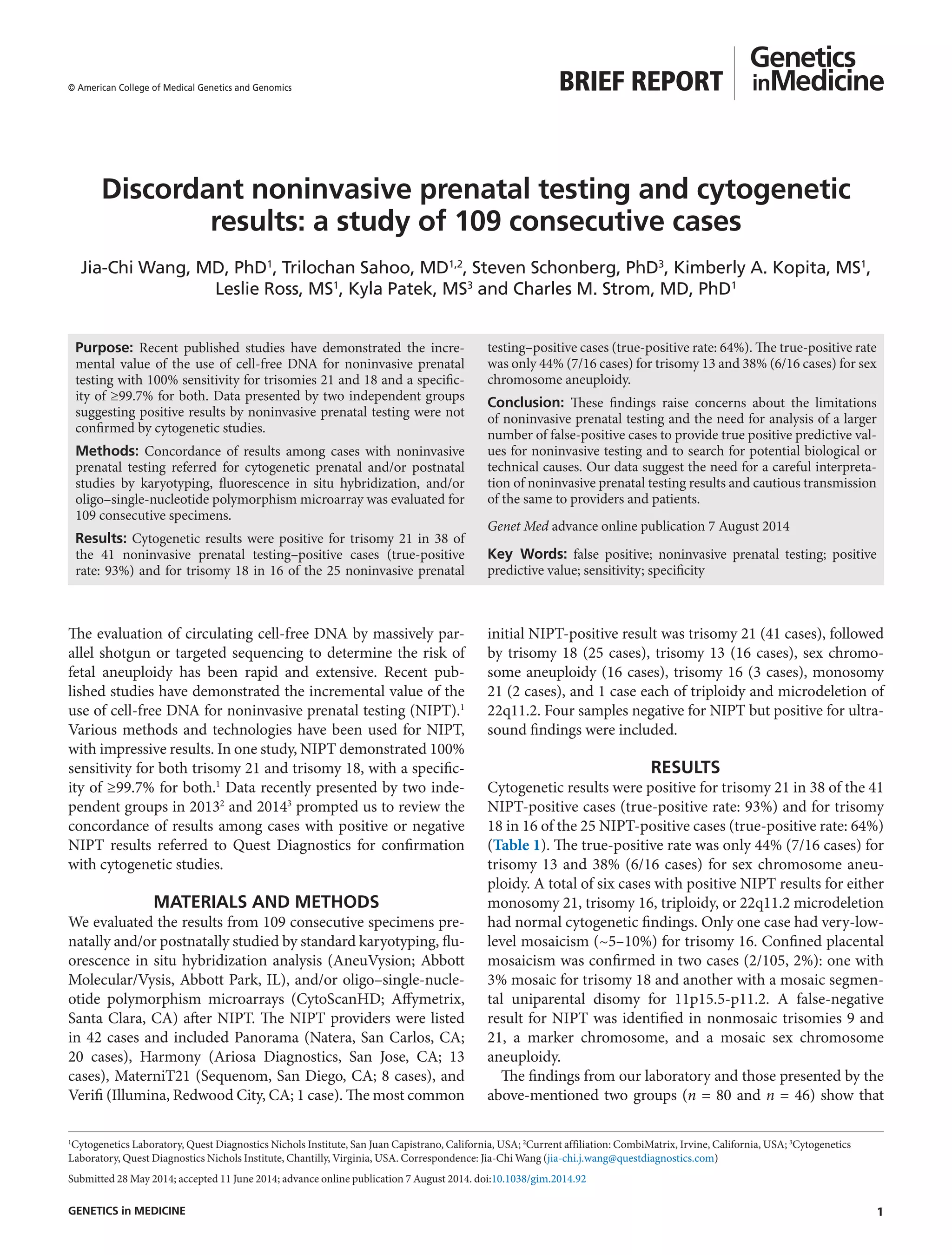 Discordant noninvasive prenatal testing & cytogenetic results: 109 ...