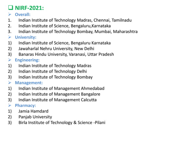 NIRF- 2021 (National Institutional Ranking Framework- 2021) | PDF