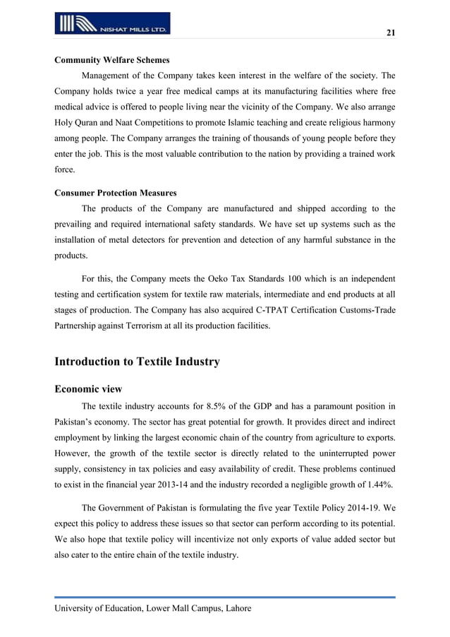 Business Project Report on Nishat Textile Mills Pakistan | PDF