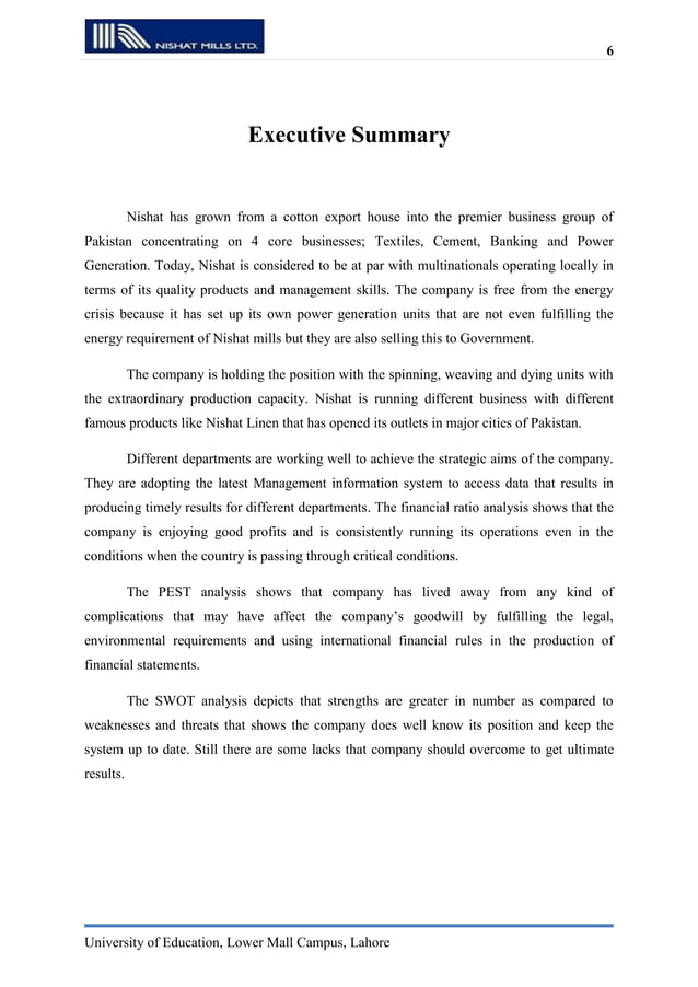 Business Project Report on Nishat Textile Mills Pakistan | PDF