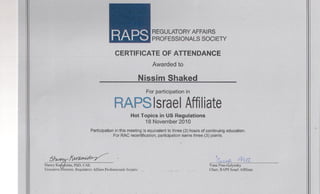 Nissim Shaked Certificate From Raps For Us Regulatory | PDF