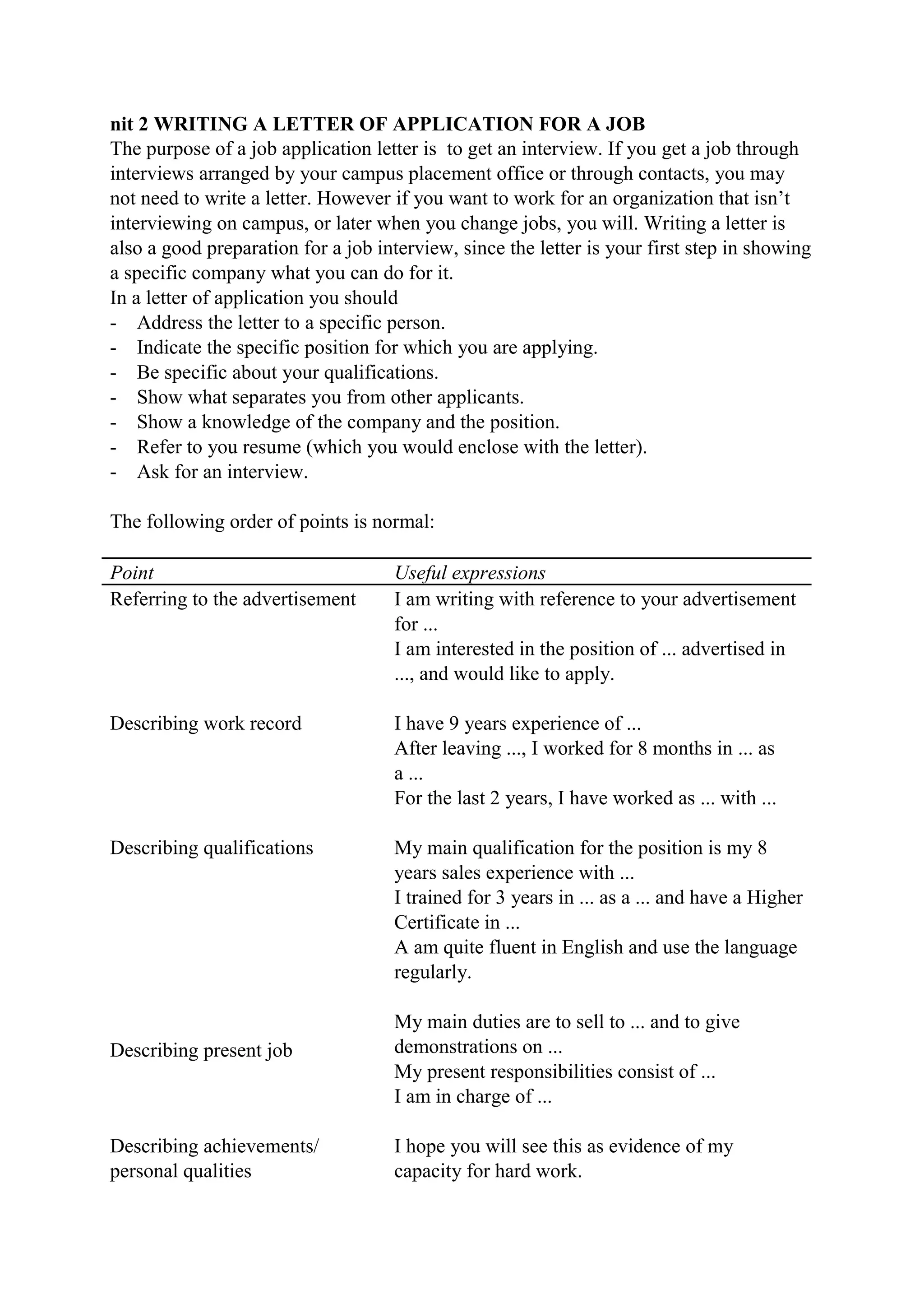 Nit 2 writing a letter of application for a job | DOCX