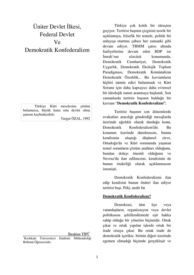 Üniter Devlet İlkesi, Federal Devlet ve Demokratik Konfederalizm İbrahim TİPİ | PDF