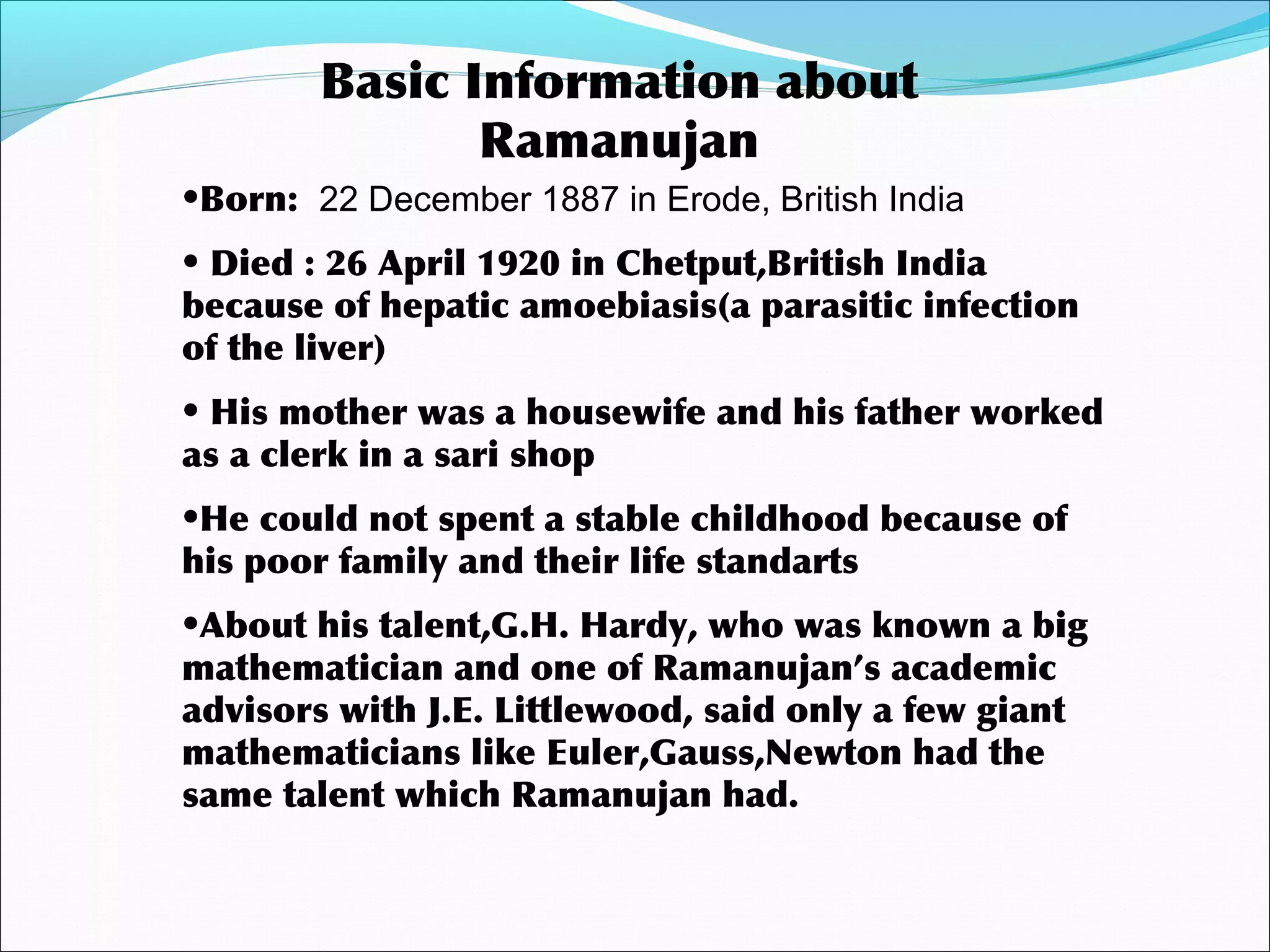 Srinivasa Ramanujan and his magic square | PPT