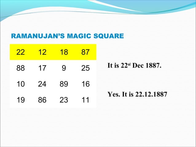 Srinivasa Ramanujan and his magic square | PPT | Hinduism | Religion & Spirituality