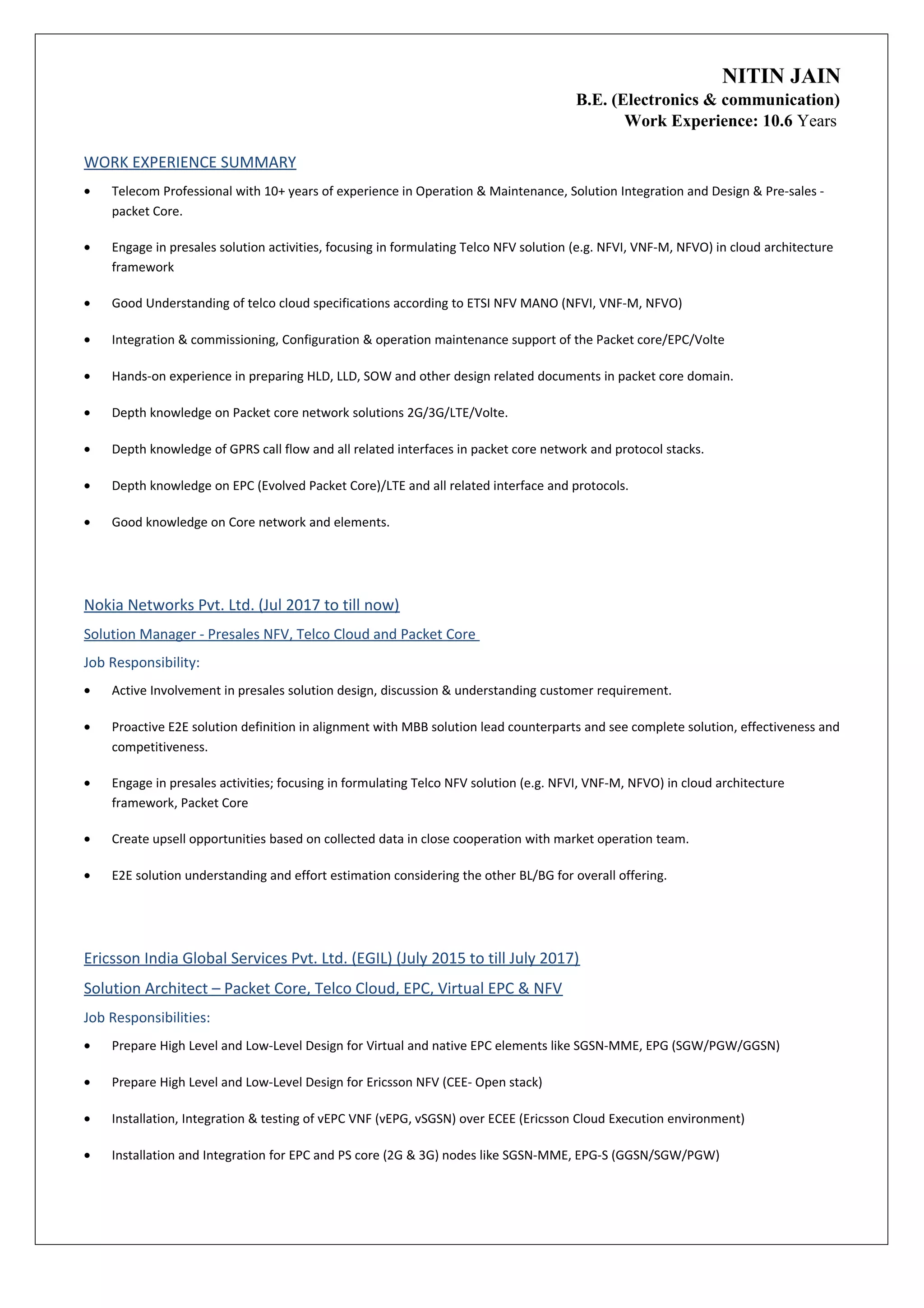 Nitin jain CV - Packet Core/EPC, Virtualization/Cloud | DOC