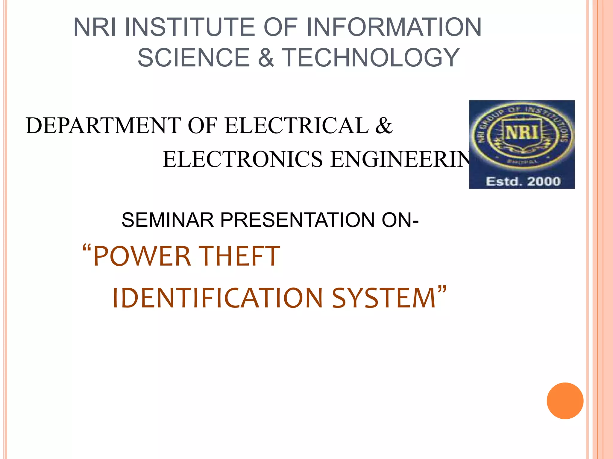 presentation on POWER THEFT IDENTIFICATION SYSTEM | PPTX