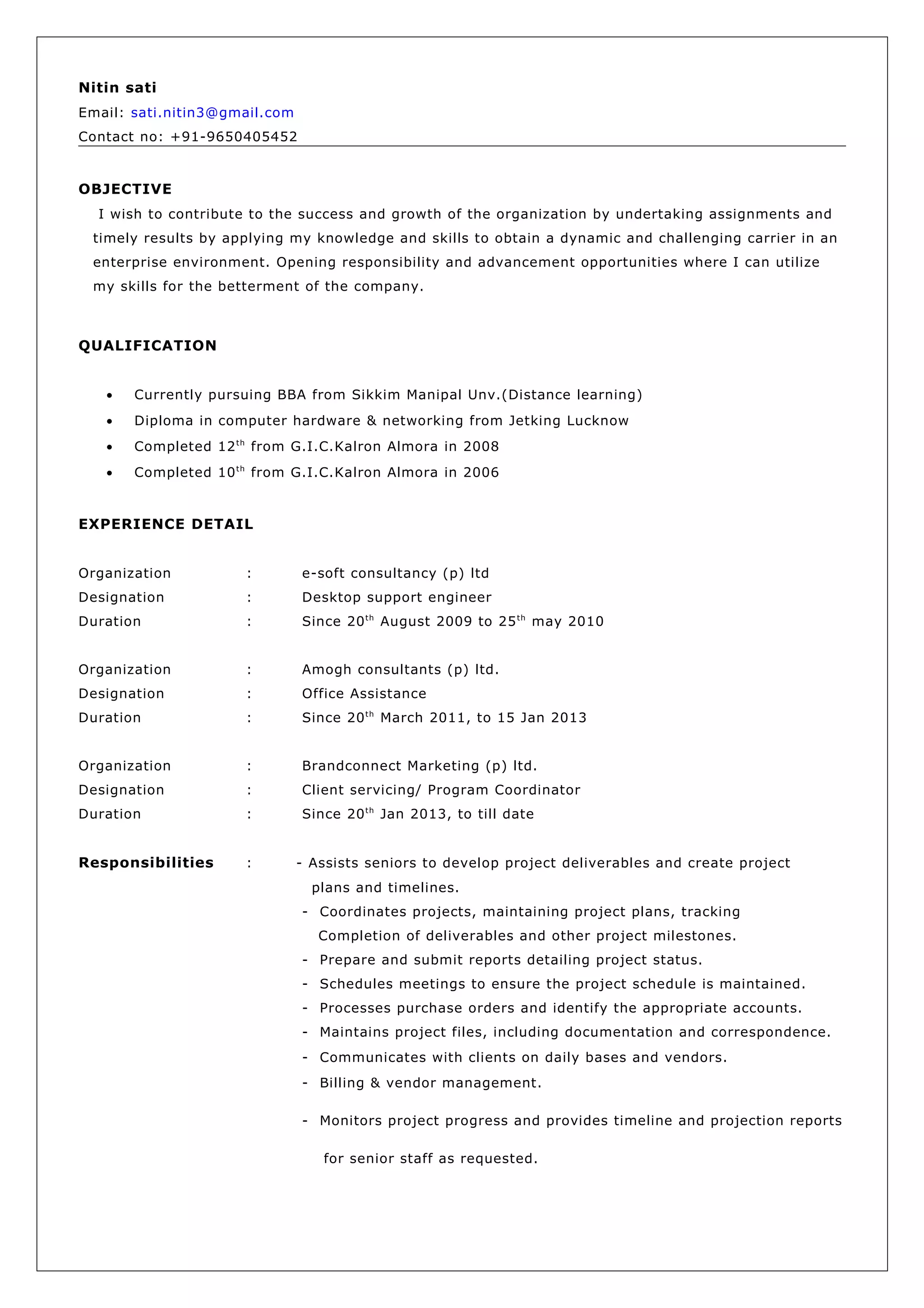 Nitin resume final | DOC | Operating Systems | Computer Software and Applications