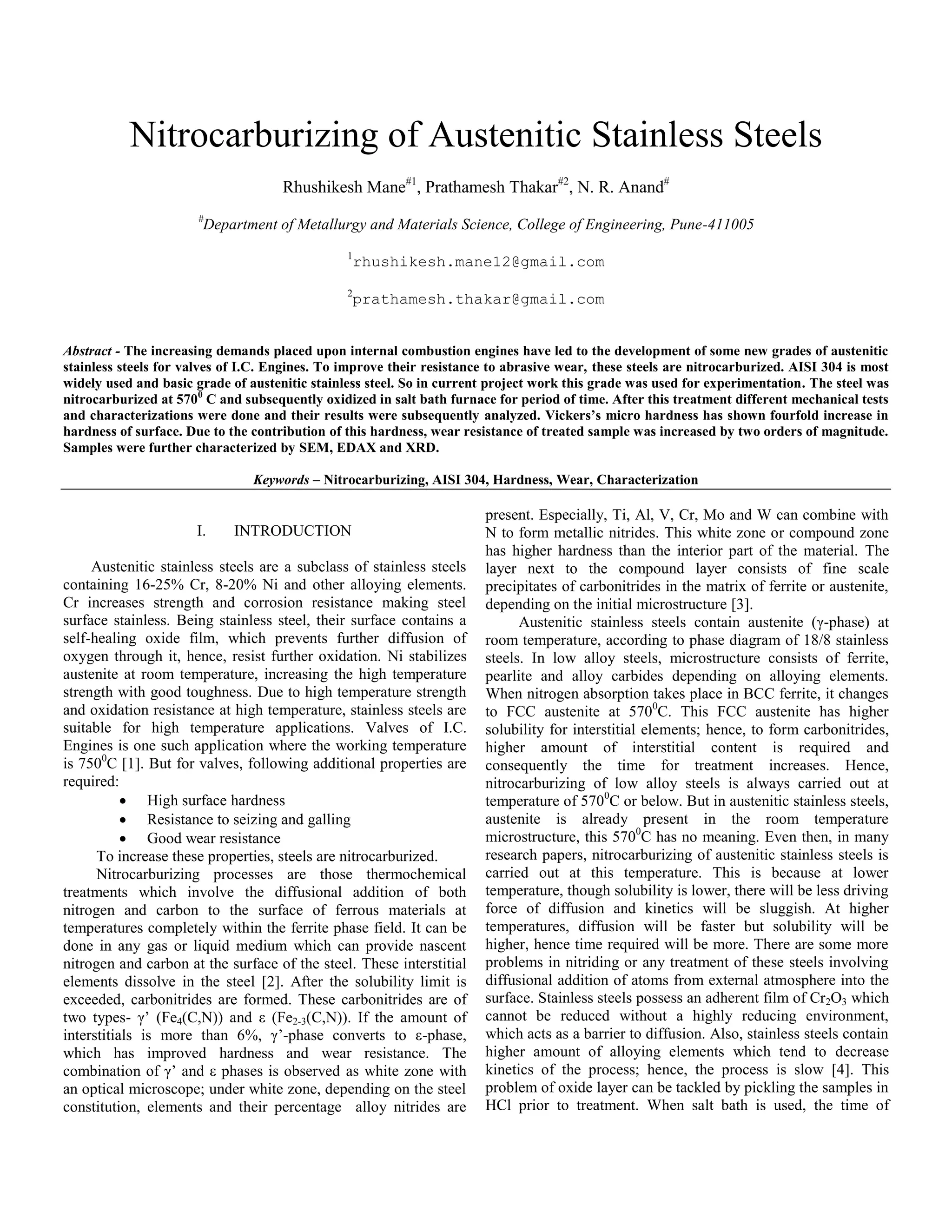 Nitrocarburizing of austenitic stainless steels paper presentation | PDF