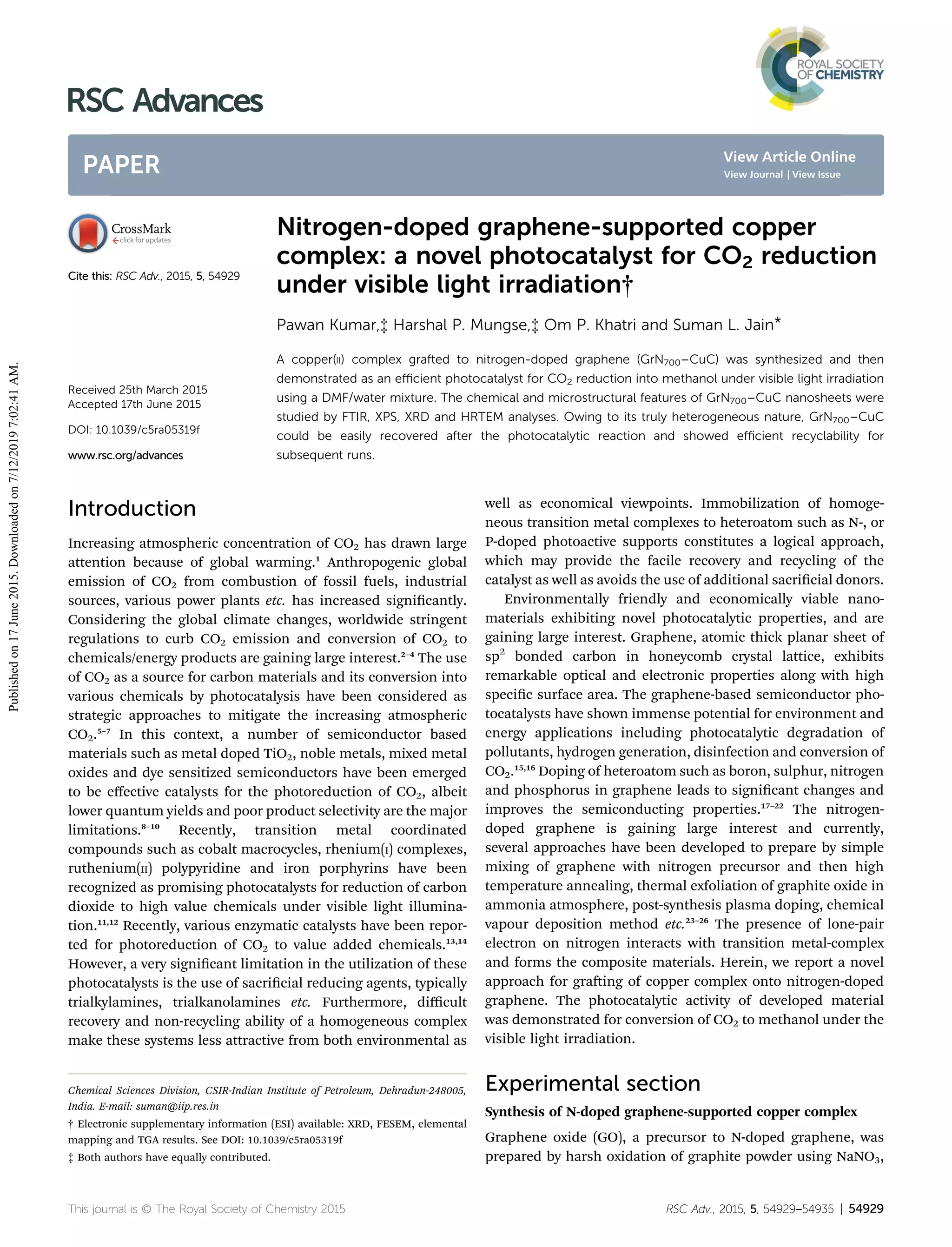 Nitrogen-doped graphene-supported copper complex: a novel photocatalyst for CO2 reduction under ...
