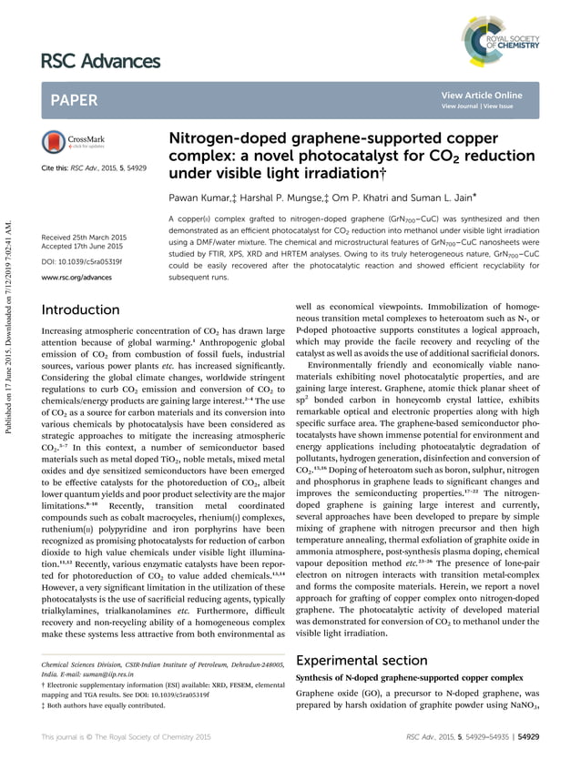 Nitrogen-doped graphene-supported copper complex: a novel photocatalyst for CO2 reduction under ...