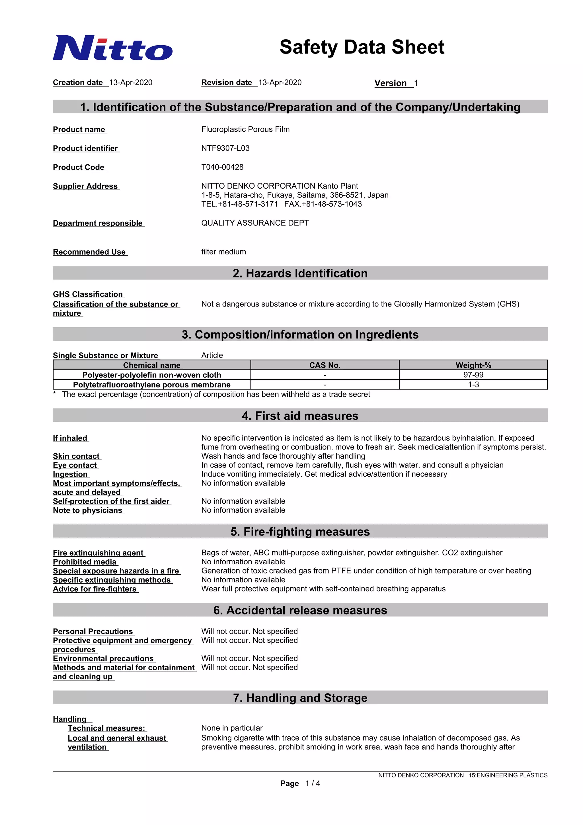 Nitto Safety Data Sheet_BEA Project | PDF