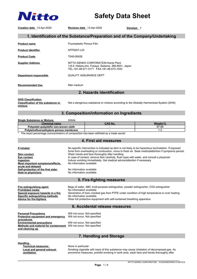 Nitto Safety Data Sheet_BEA Project | PDF | First Aid | Injuries