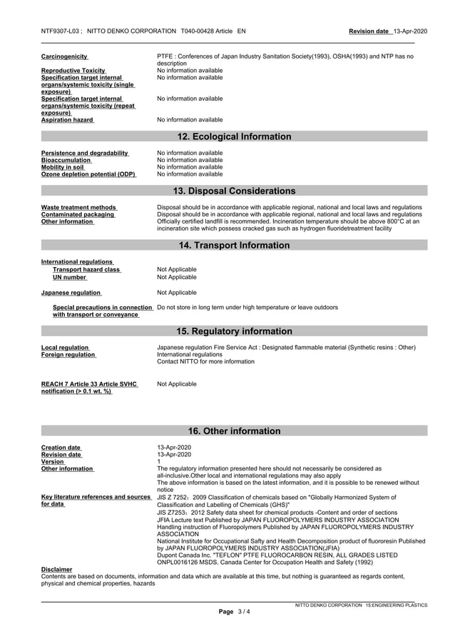 Nitto Safety Data Sheet_BEA Project | PDF