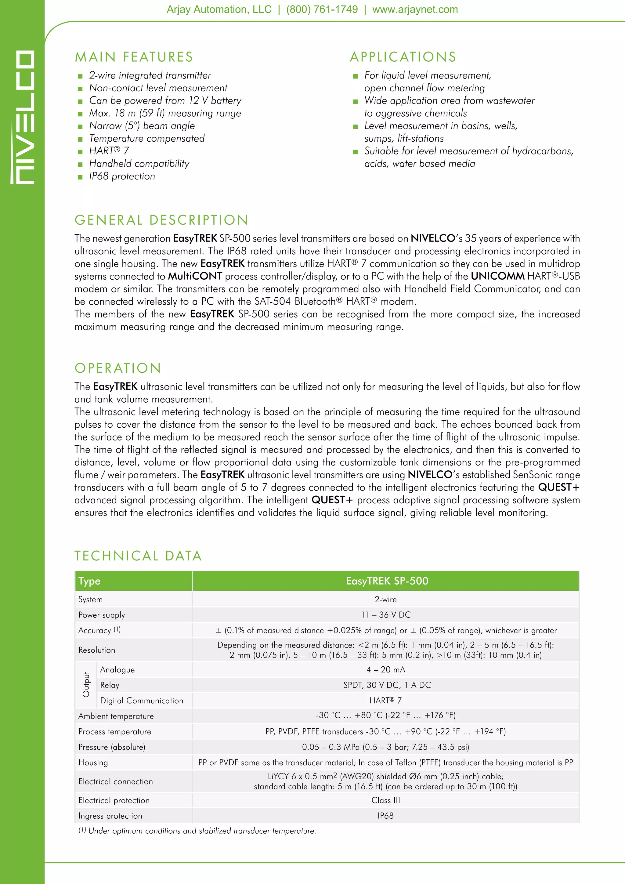 NIVELCO EasyTREK SP-500 Ultrasonic Level Transmitters for Liquids | PDF