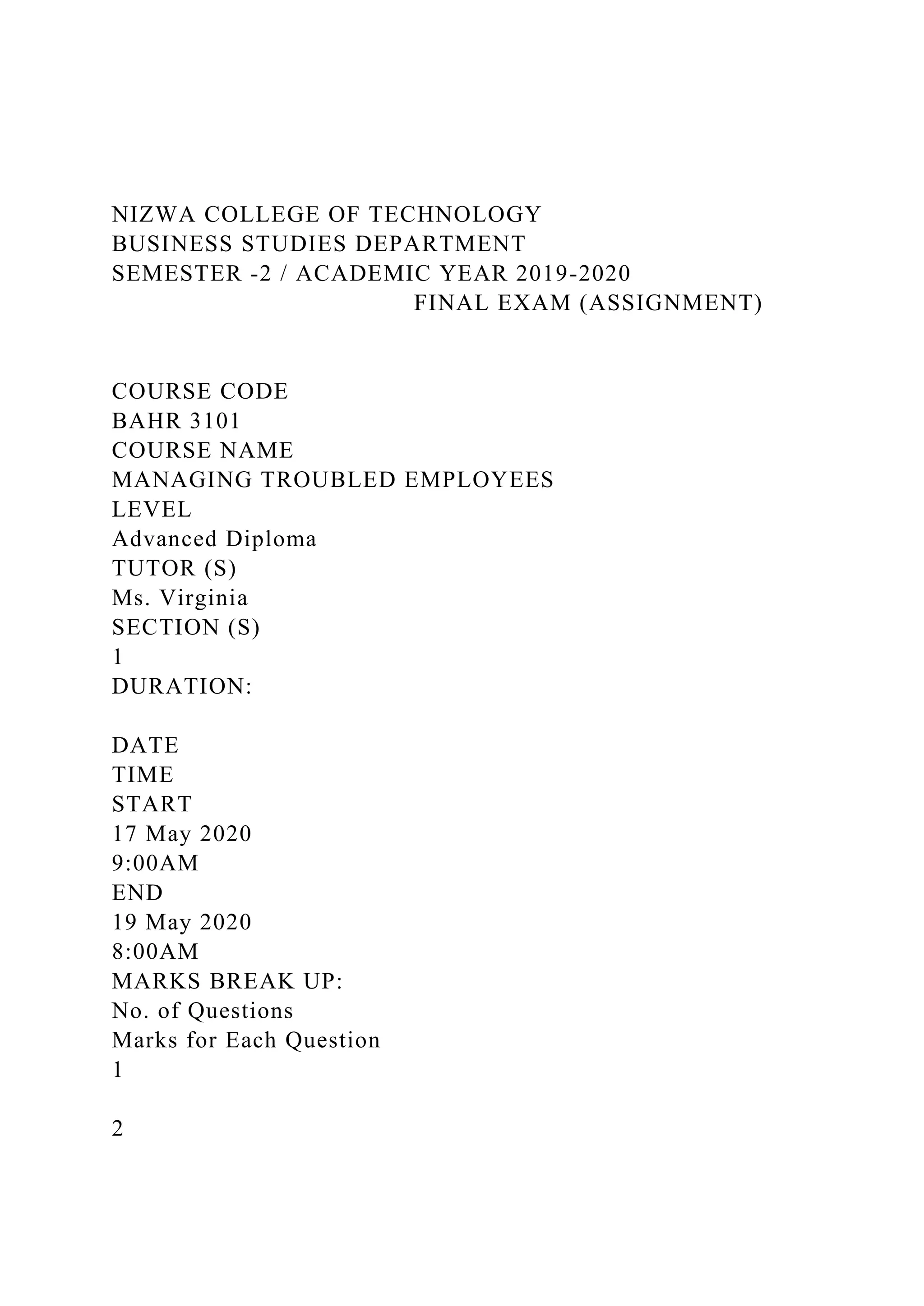 NIZWA COLLEGE OF TECHNOLOGYBUSINESS STUDIES DEPARTMENTSEMEST.docx