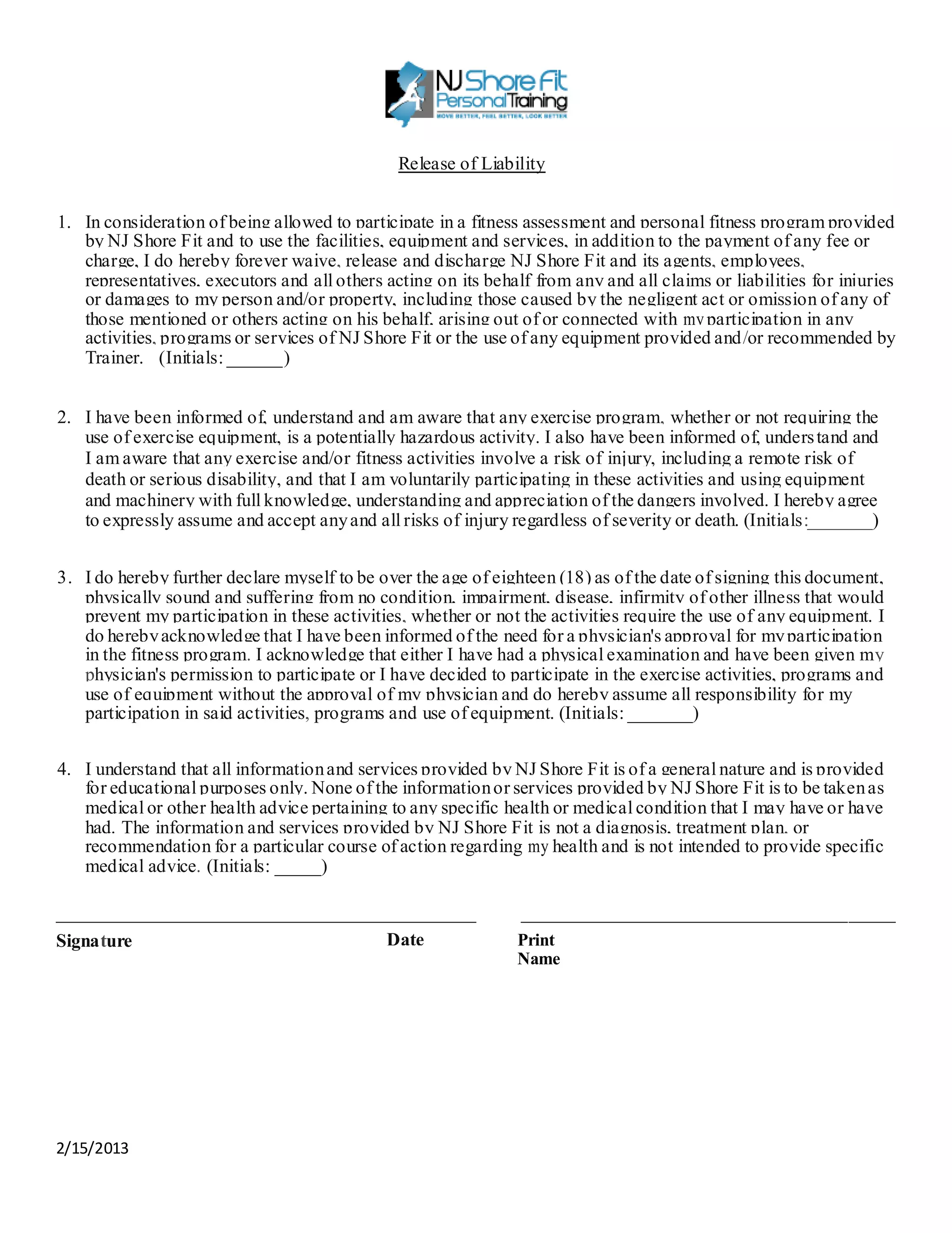 NJ Shore Fit General Liability Waiver | PDF