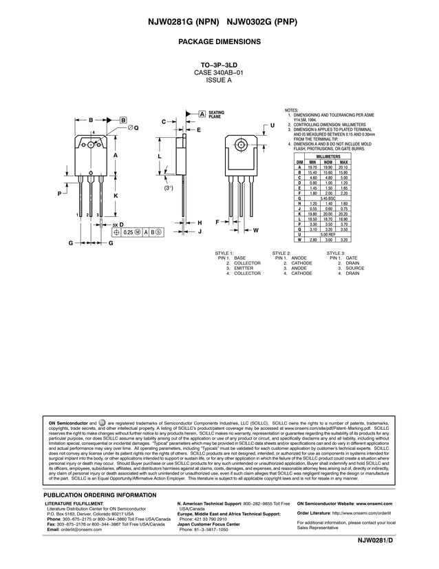 Original NPN Bipolar Transistors NJW0281G 0281 15A 250V TO-3P New ON | PDF