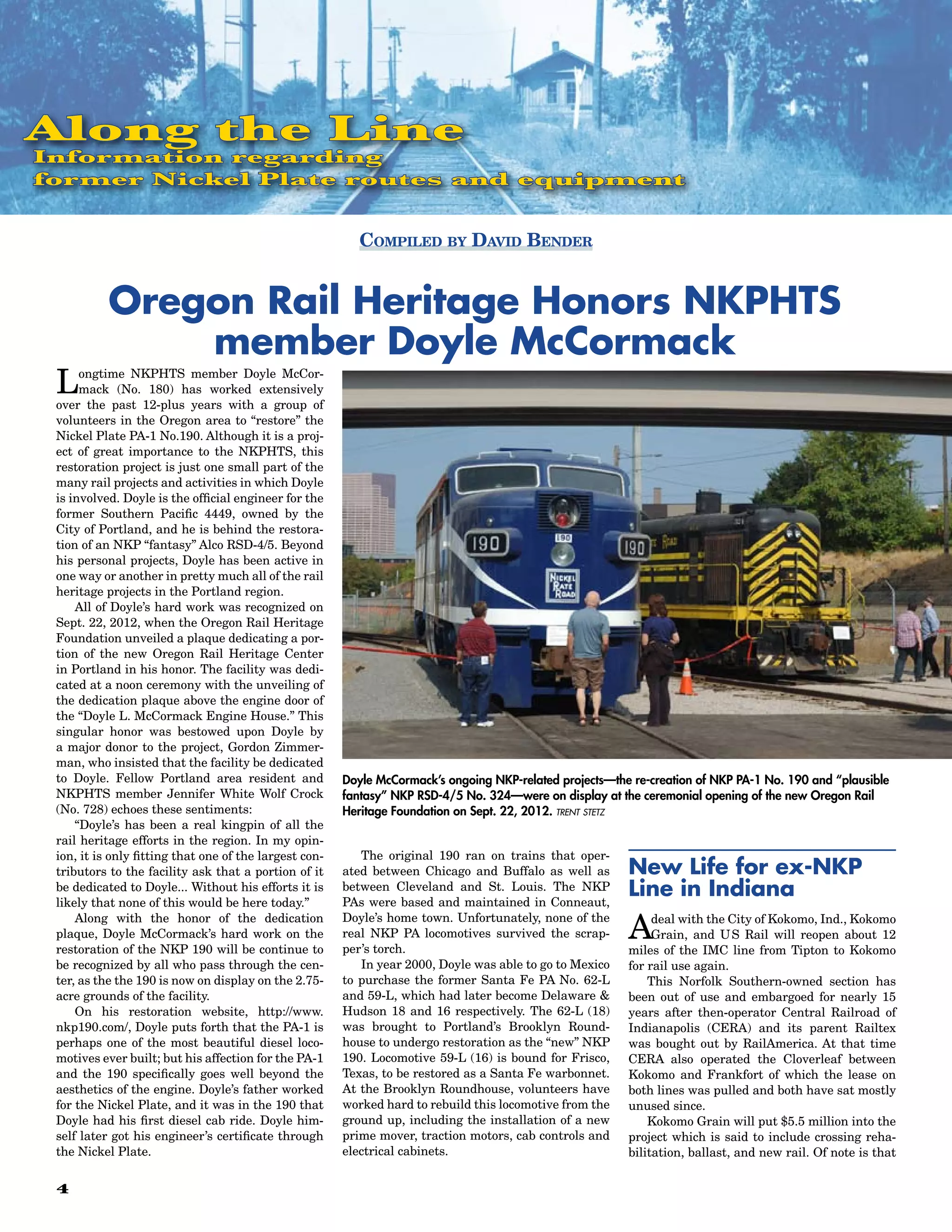 Nickel Plate Road Magazine Fall 2012 Along the Line column | PDF