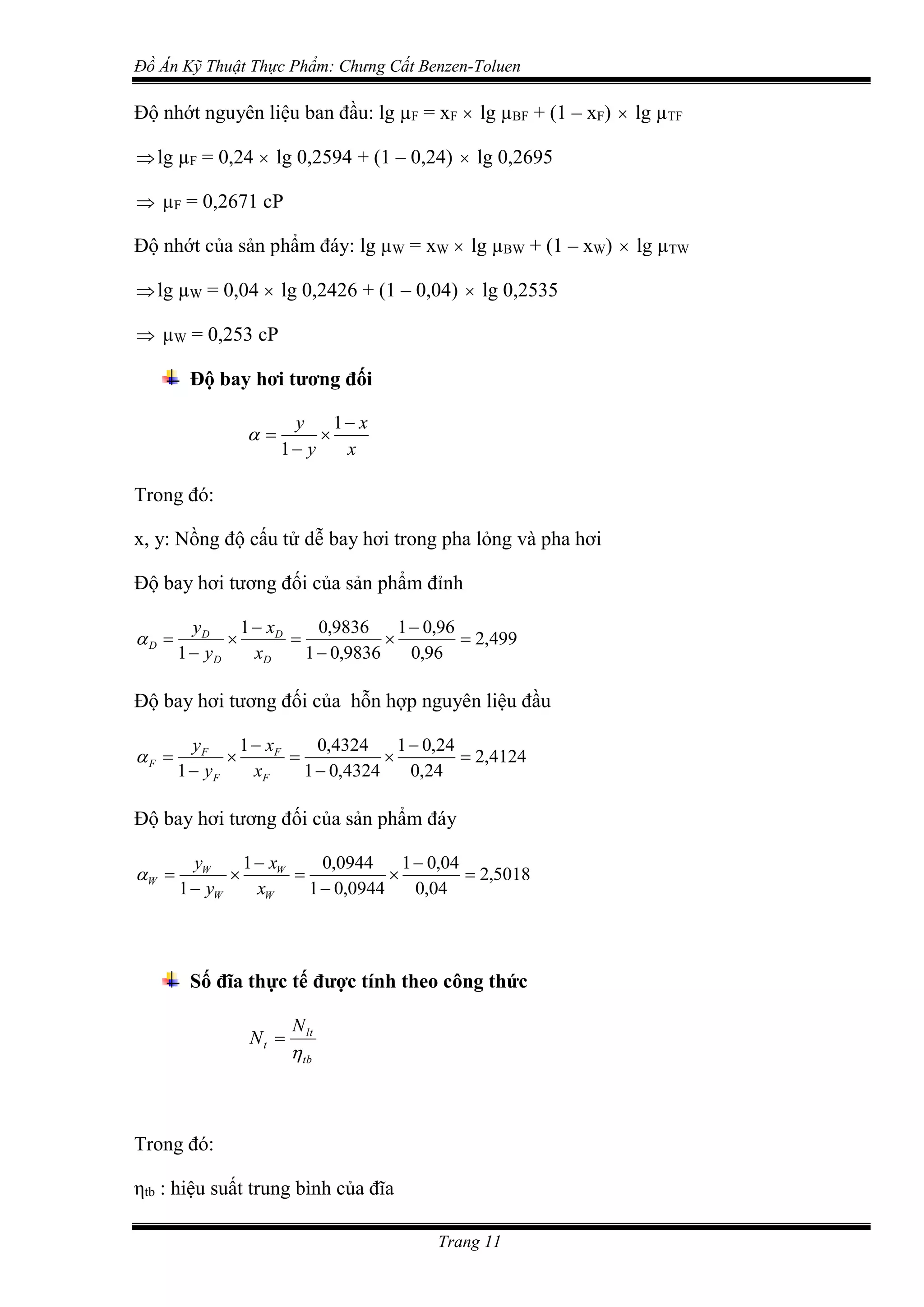 Đồ Án Kỹ Thuật Thực Phẩm Chưng Cất Benzen-Toluen. | DOC