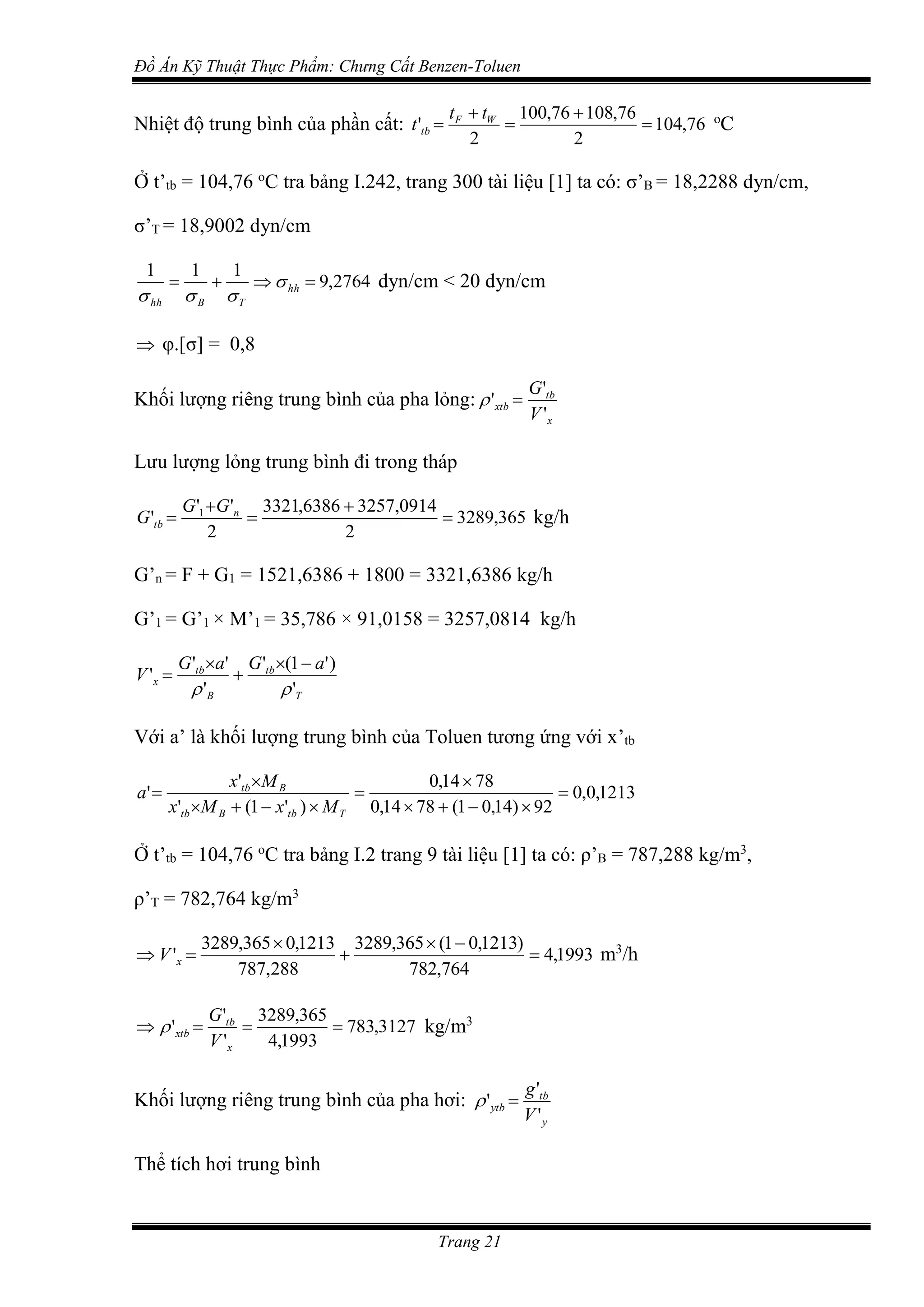 Đồ Án Kỹ Thuật Thực Phẩm Chưng Cất Benzen-Toluen. | DOC