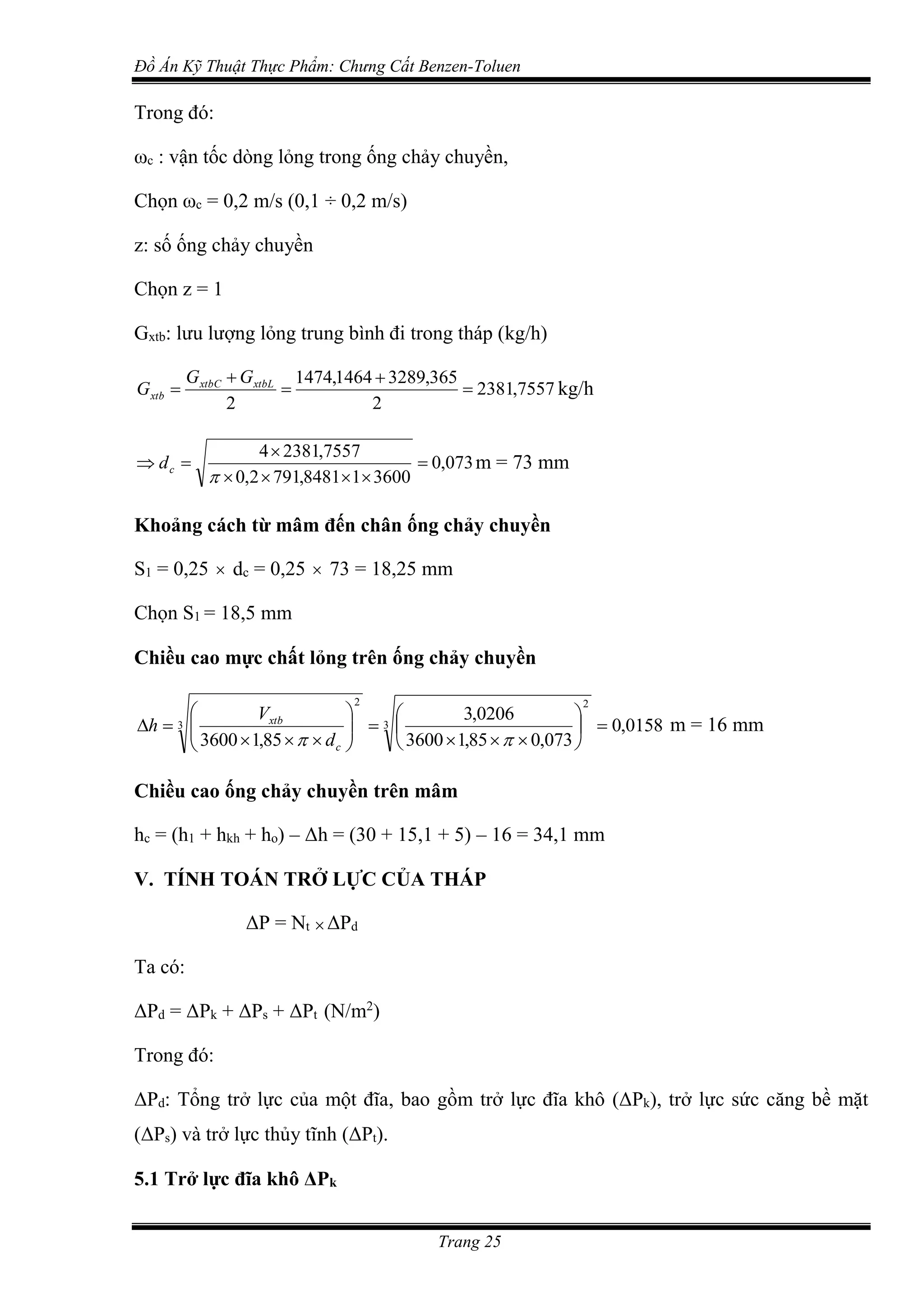 Đồ Án Kỹ Thuật Thực Phẩm Chưng Cất Benzen-Toluen. | DOC