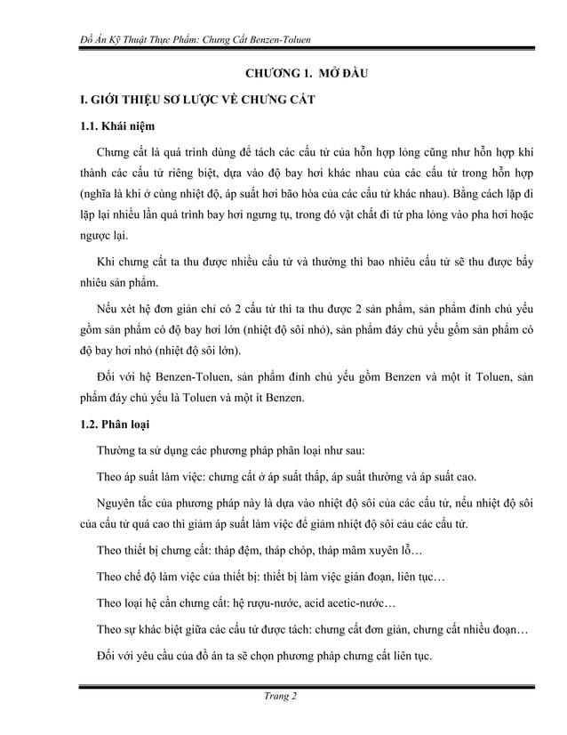Đồ Án Kỹ Thuật Thực Phẩm Chưng Cất Benzen-Toluen. | DOC